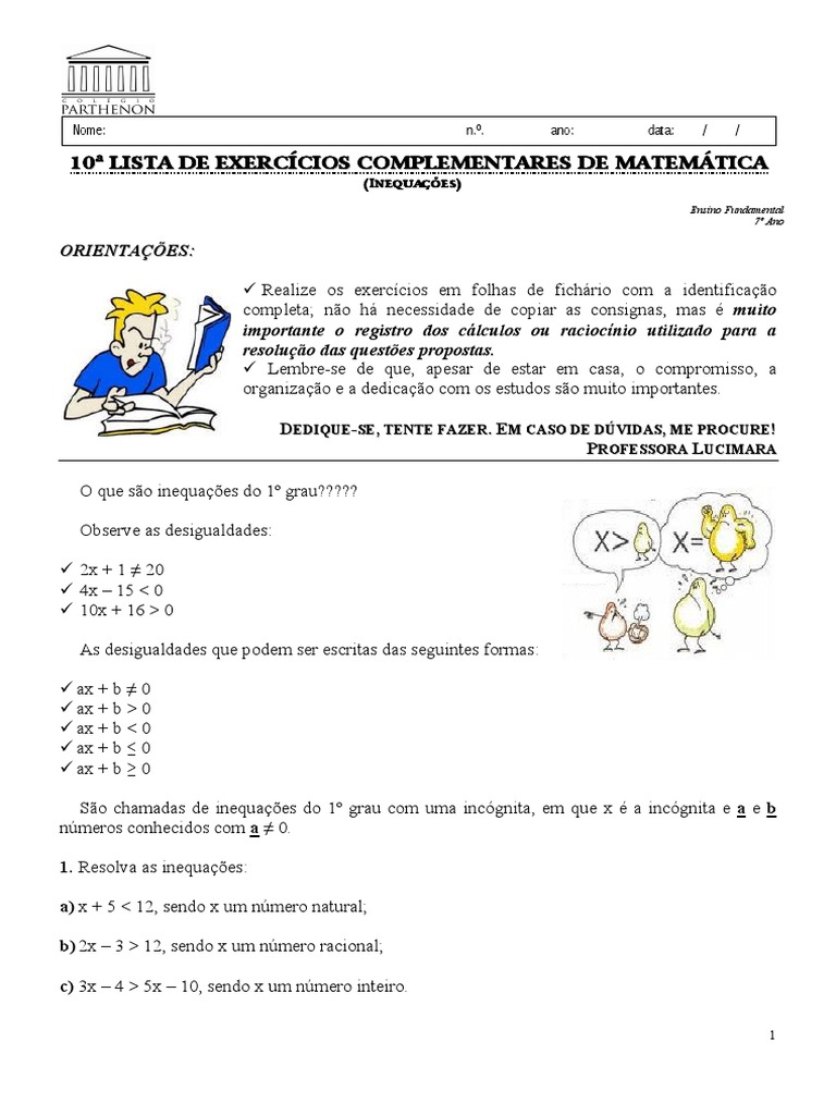 10 Lista de Exercicios Complementar de Matematica Inequacoes Professora Lucimara 7 Ano A B ...
