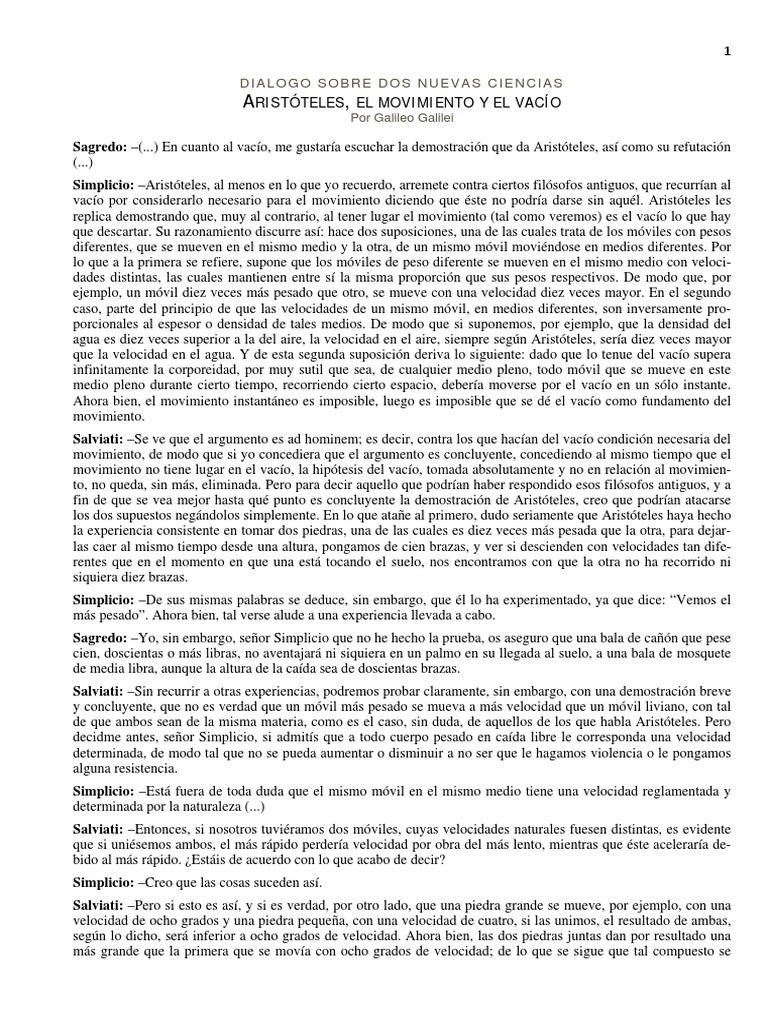 Simplicio y el Vacío en Galileo | PDF | Movimiento (física) | Velocidad
