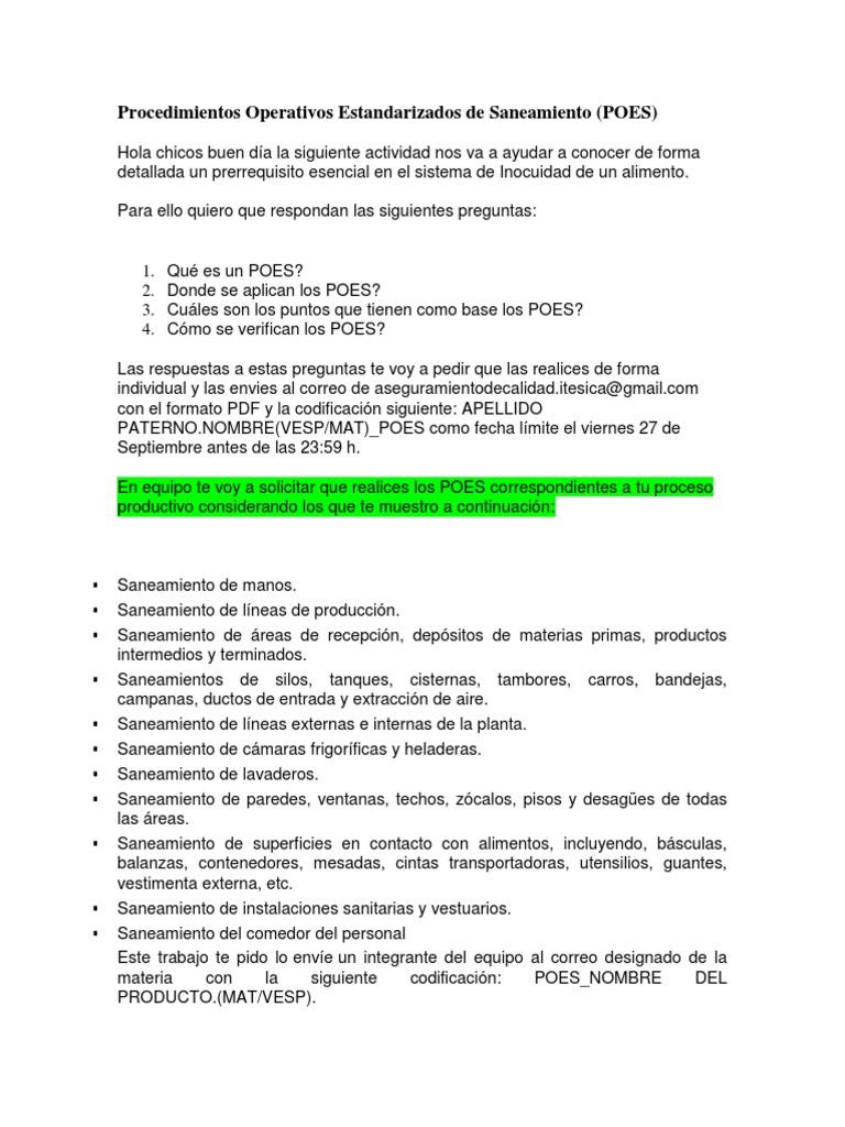 Procedimientos Operativos Estandarizados De Saneamiento Pdf Calidad