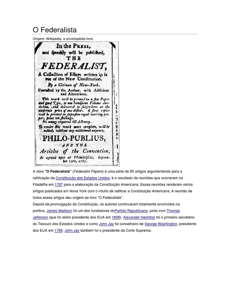 O Federalista | PDF | O Federalista (livro) | Ciência Política