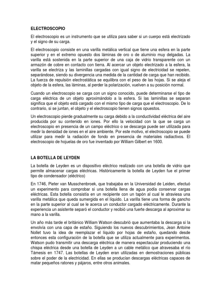 ELECTROSCOPIO, Electroforo, Leyden | PDF | Electromagnetismo | Fuerza