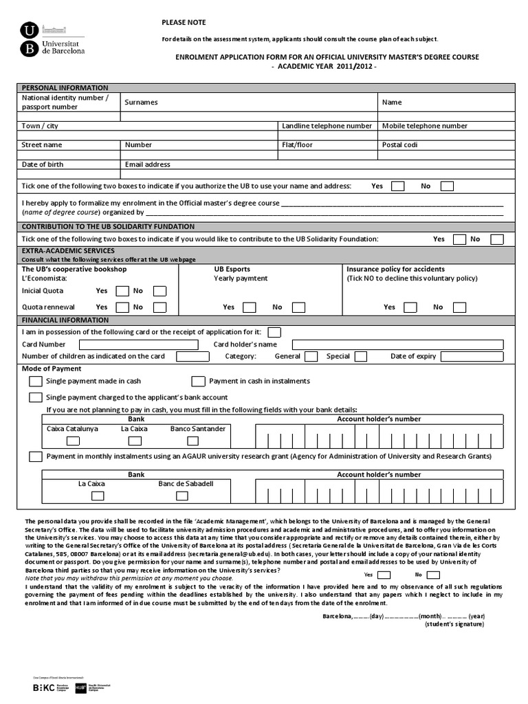Application for Enrollment in an Official University Master's Degree ...