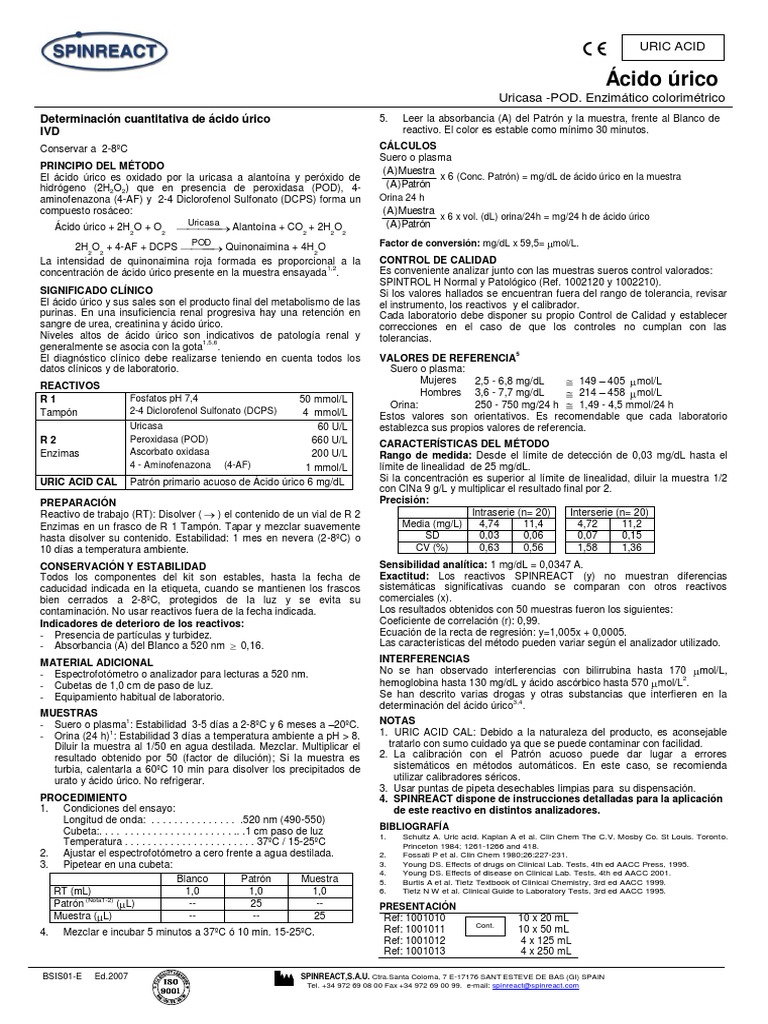 Ácido - Úrico (Spinreact) | PDF | Química | Naturaleza