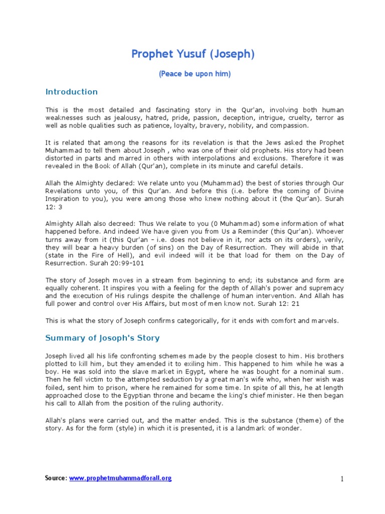 Prophet Yusuf (Joseph) : (Peace Be Upon Him) | PDF | Jacob | Religion ...