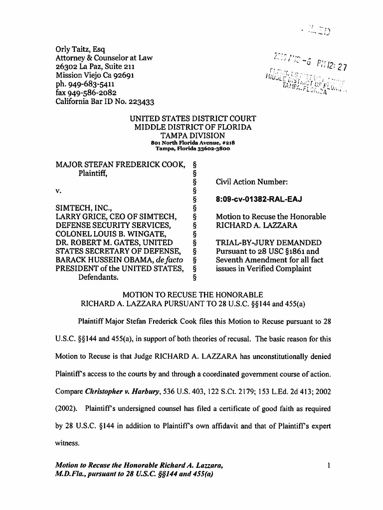 COOK V SIMTECH - MOTION For Recusal of District Judge Richard A ... COOK V SIMTECH - MOTION For Recusal of District Judge Richard A ...