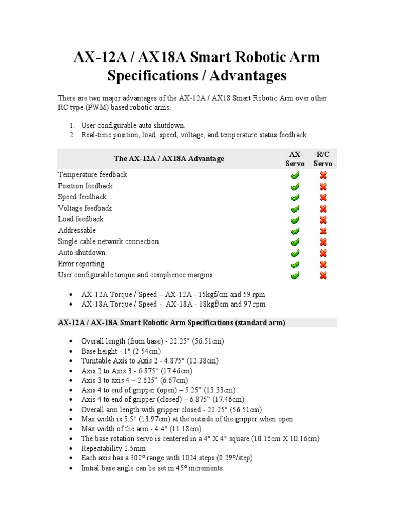AX-12A/AX-18A Robotic Arm Specs | PDF | Electrical Engineering ...