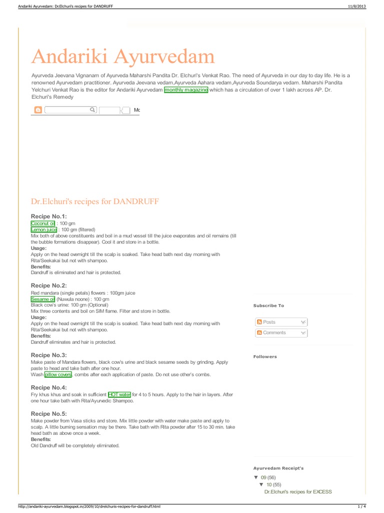 Andariki Ayurvedam DR - Elchuri's Recipes For DANDRUFF PDF | PDF | Self ...