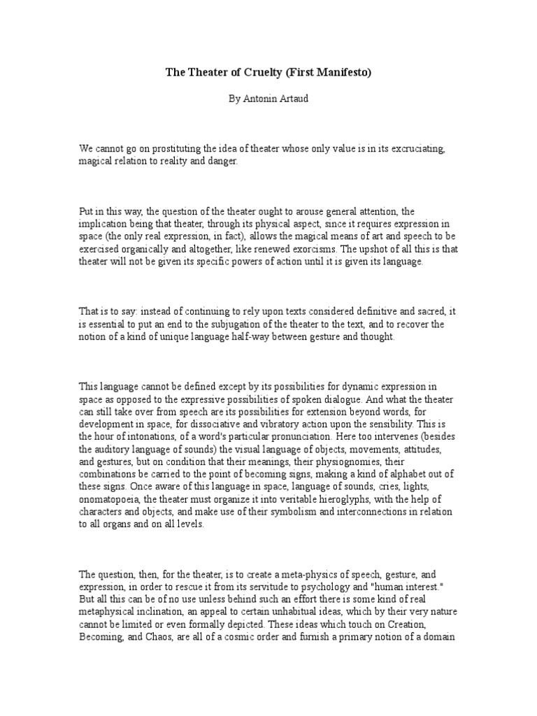 Artaud Antonin 1938 Theater of Cruelty 1st Manifesto. | PDF