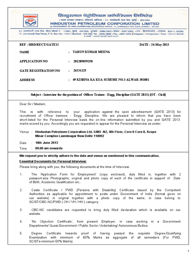 HPCL Call Letter PDF | PDF | Test (Assessment) | Government