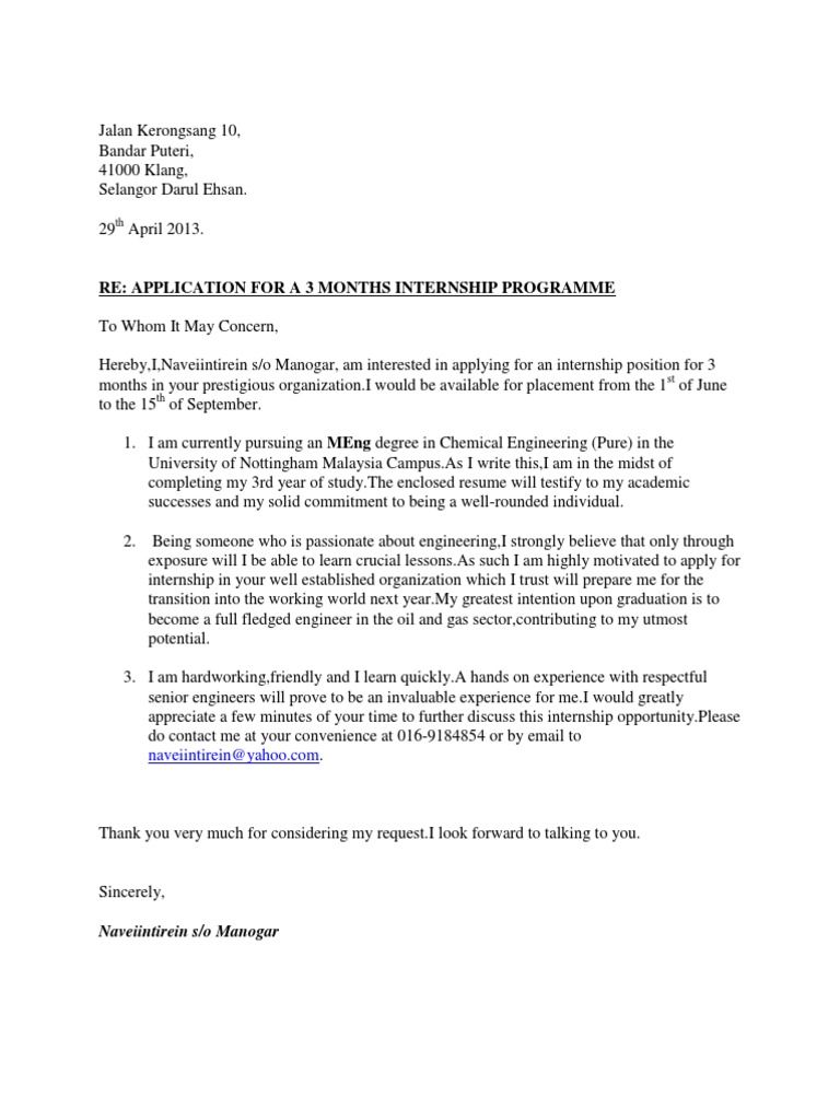 Re: Application For A 3 Months Internship Programme: Naveiintirein S/o ...