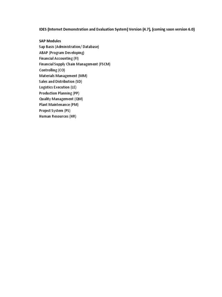 SAP Modules Overview for IDES 4.7 | PDF