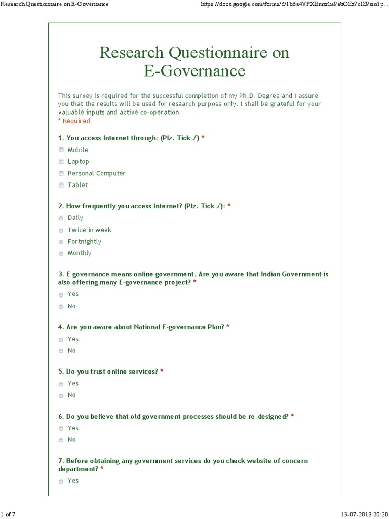 Research Questionnaire on E-Governance.pdf | E Government | Public ...