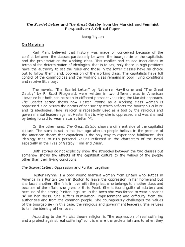 The Scarlet Letter and The Great Gatsby From The Marxist and Feminist ...