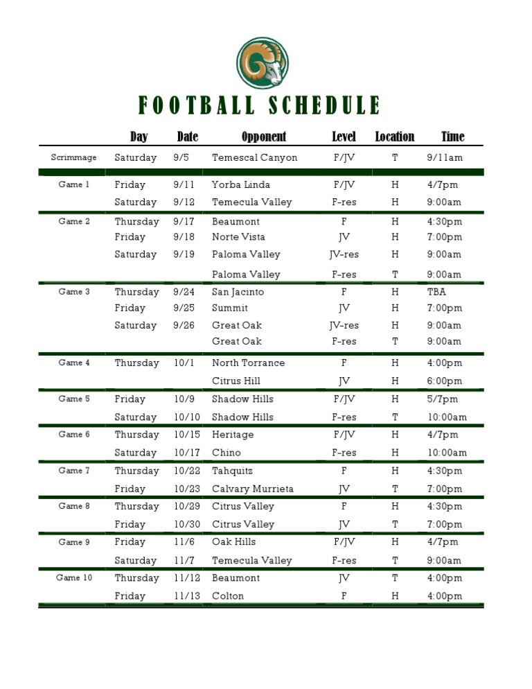 Football Schedule | PDF | Sports & Recreation
