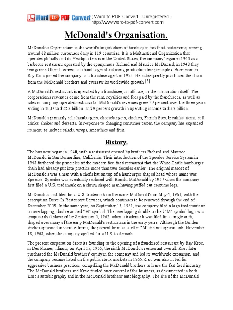 Mcdonald Organisation Structure PDF | PDF | Mc Donald's | Fast Food ...