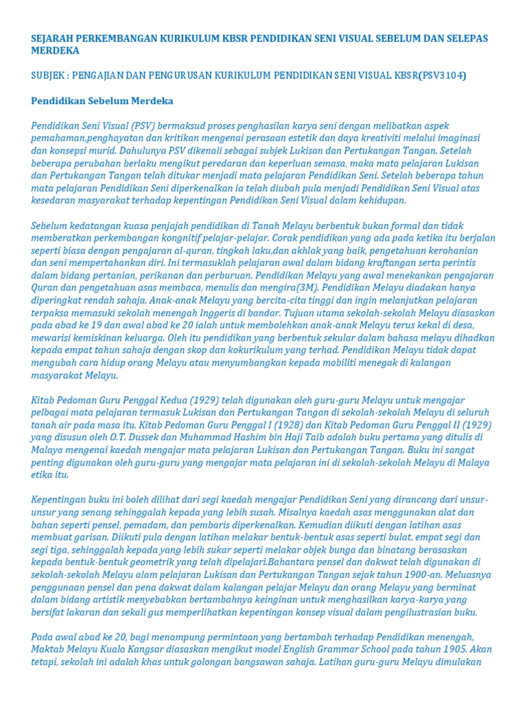 Sejarah Perkembangan Kurikulum KBSR Pendidikan Seni Visual Sebelum Dan Selepas Merdeka | PDF