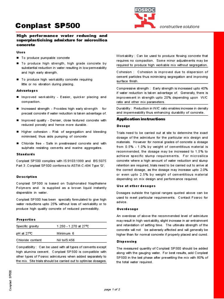 Conplast SP500 | PDF | Concrete | Engineering