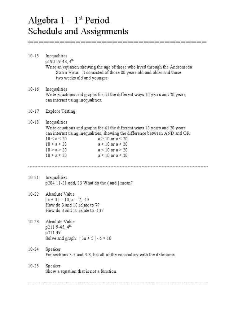 Algebra 1 - 1 Period Schedule and Assignments | PDF | Teaching ...