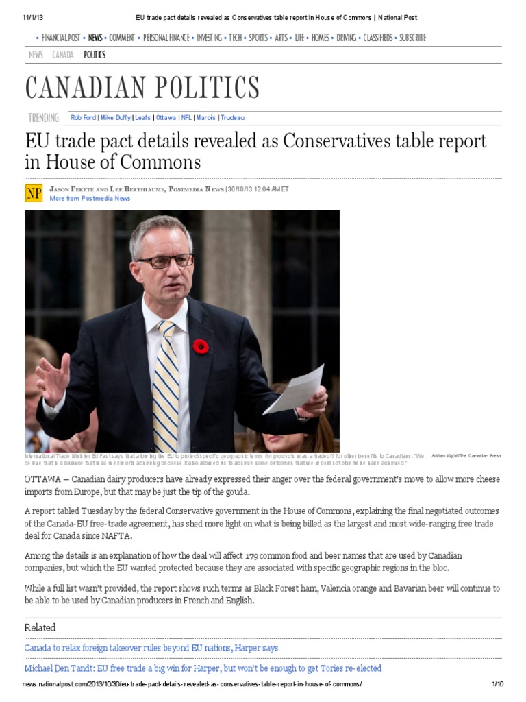 EU Trade Pact Details Revealed As Conservatives Table Report in House ...