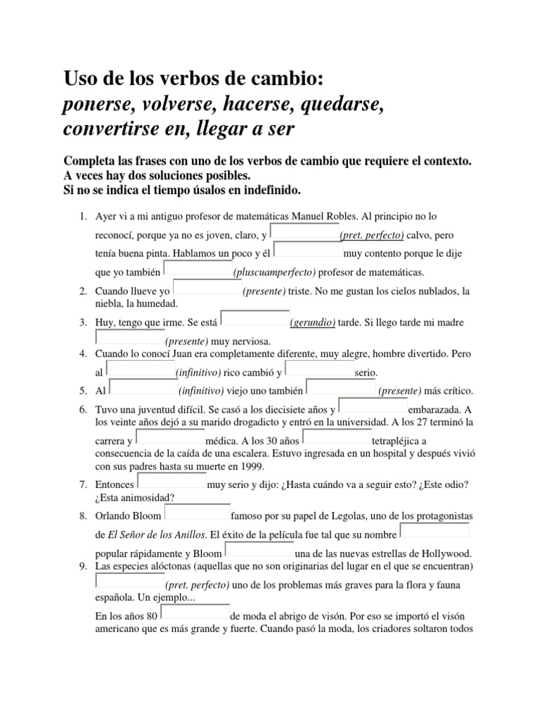 Uso de Los Verbos de Cambio - Ejercicios | PDF