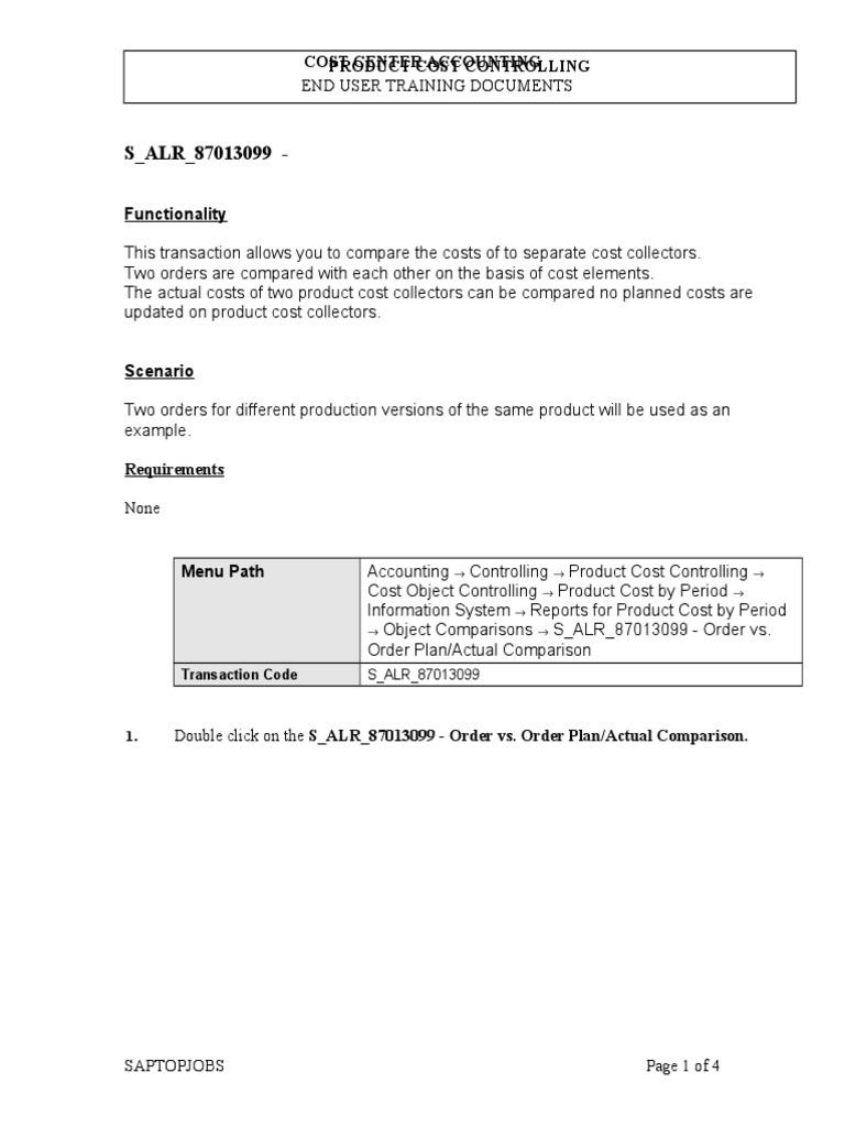 TCODE - S - ALR - 87013099 Order Plan - Actual Comparison | PDF | Finance & Money Management ...