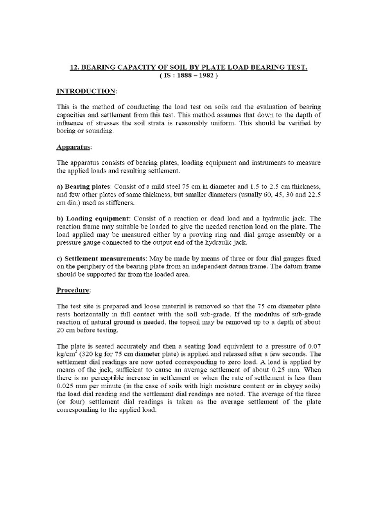 Bearing Capacity of Soil by Plate LOad Bearing Test PDF | PDF