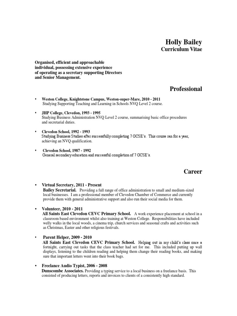 Holly Bailey: Professional Secretary CV | PDF