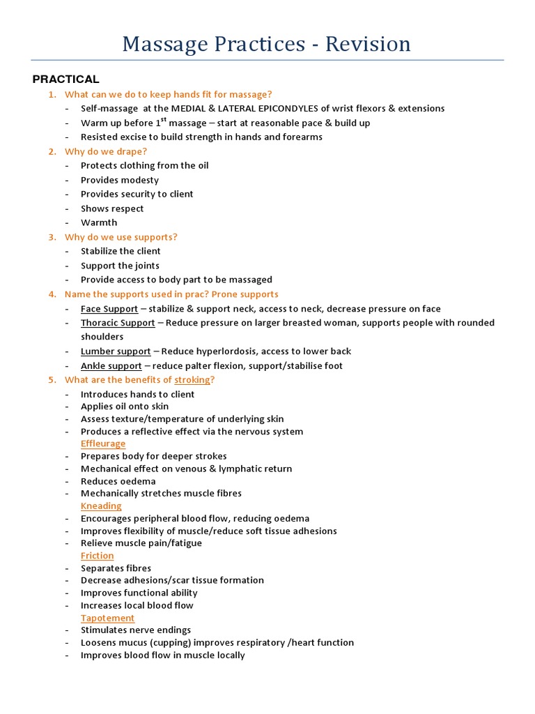 Massage Practices - Revision: Practical | PDF | Massage | Medical ...