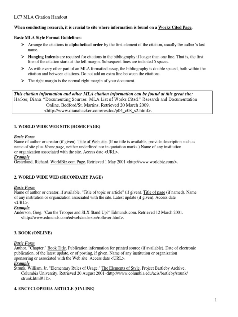 MLA Citation Handout | PDF | Citation | Information Science