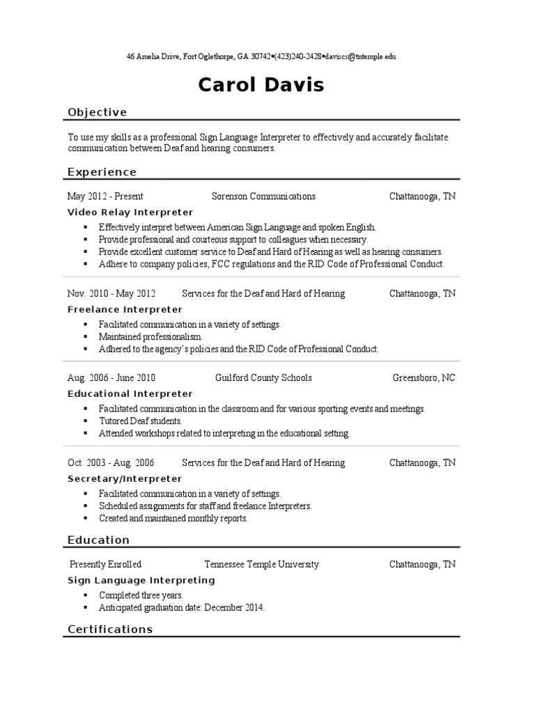 Sign Language Interpreter Resume | PDF