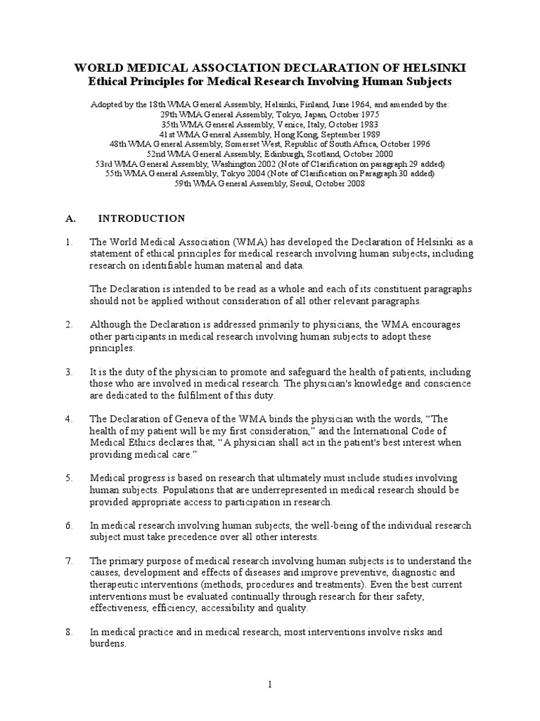 Ethical Principles of Helsinki Declaration | PDF