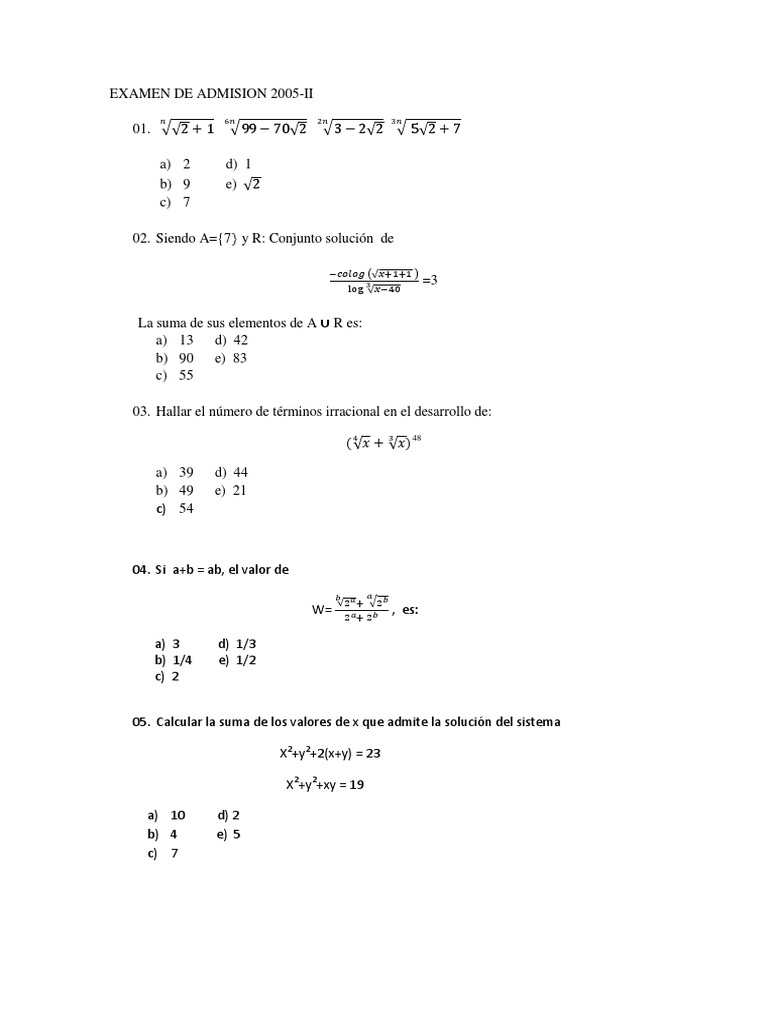 Ejercicios de Álgebra para Exámenes de Admisión | PDF | Análisis ...