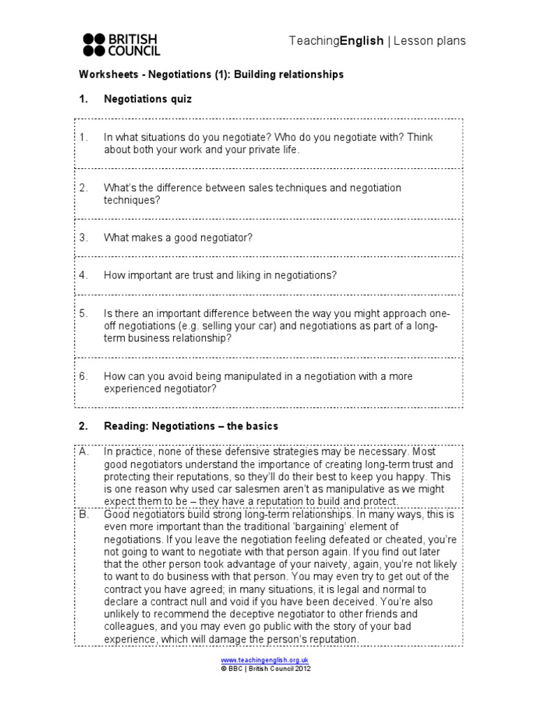 Negotiations 1 - Building Relationships - Worksheet | PDF | Social Science