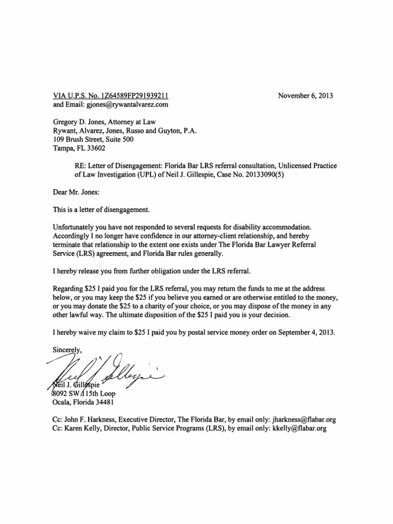 Letter of Disengagement-Gregory D Jones, November 6, 2013