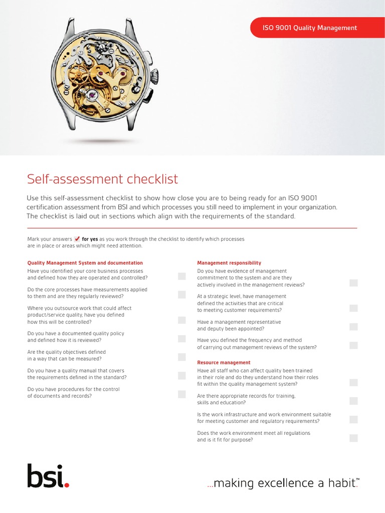 BSI ISO 9001 Self Assessment Checklist PDF | PDF | Iso 9000 | Business ...