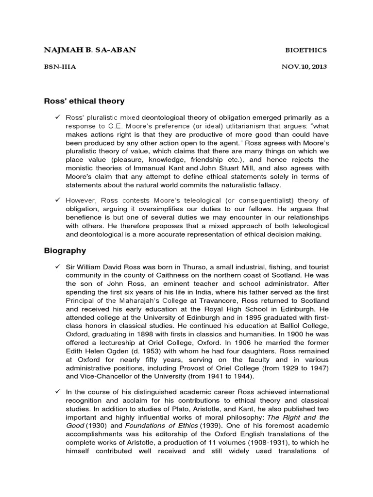 Ross' Ethical Theory (Assignment) | Truth | Metaphysics