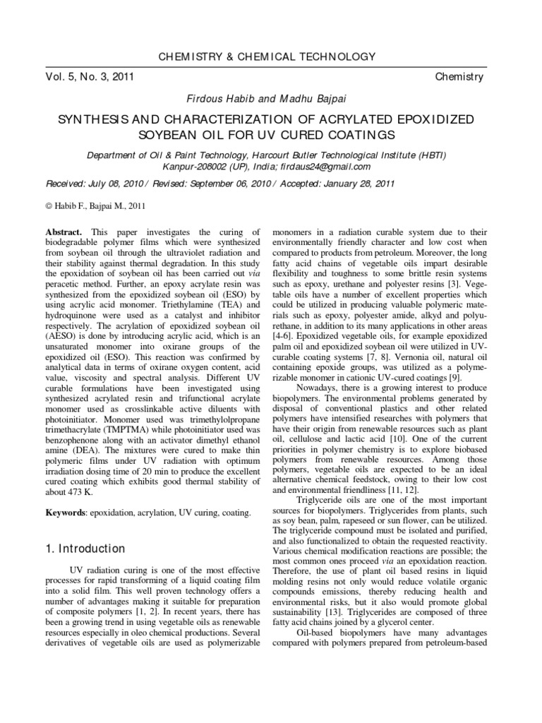 Synthesis and Characterization of Acrylated Epoxidized | PDF | Epoxy ...