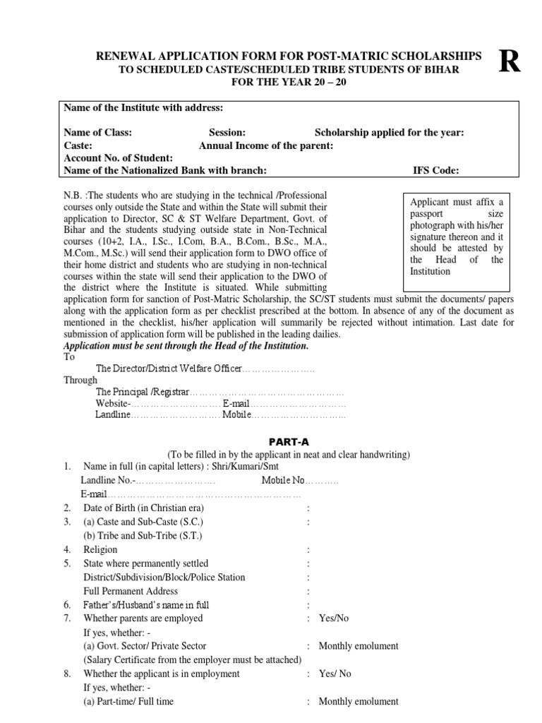 Renewal Application Form For Post-Matric Scholarships: Application Must Be Sent Through The Head ...