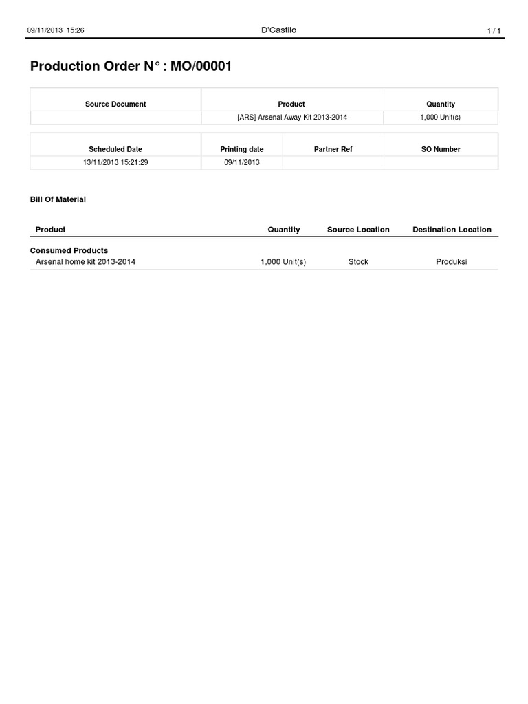 Production Order MO/00001 Details | PDF