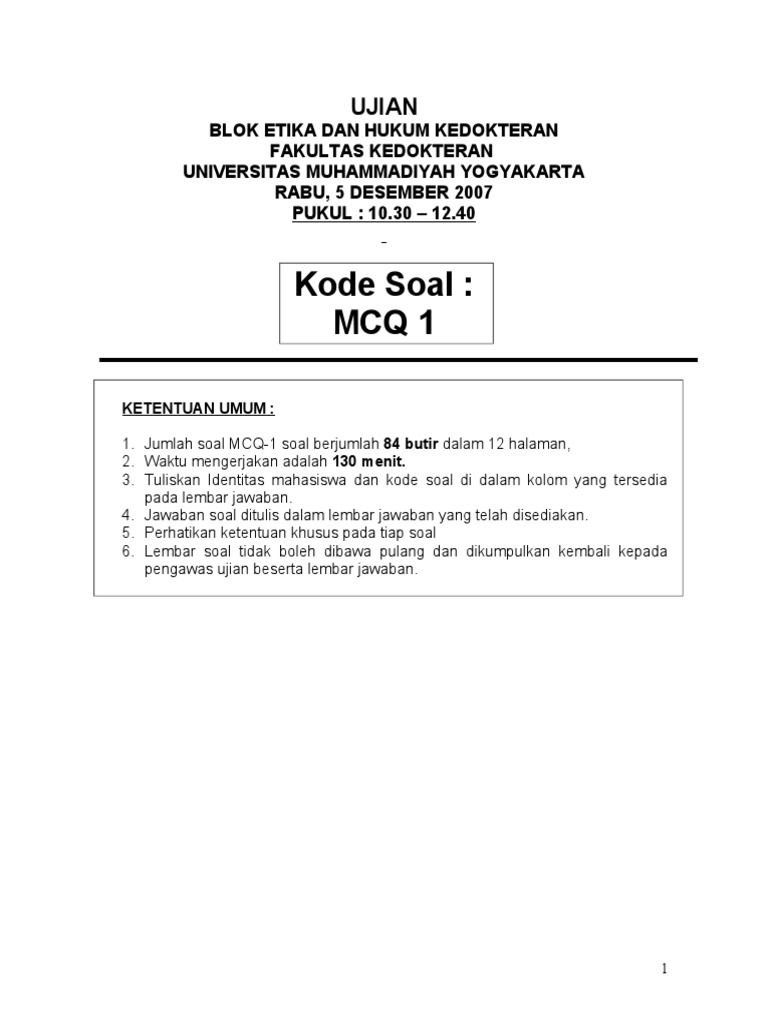 UJIAN BLOK ETIKA HUKUM KEDOK 5 Des 2007 MCQ 1 SOAL | PDF | Sains & Matematika