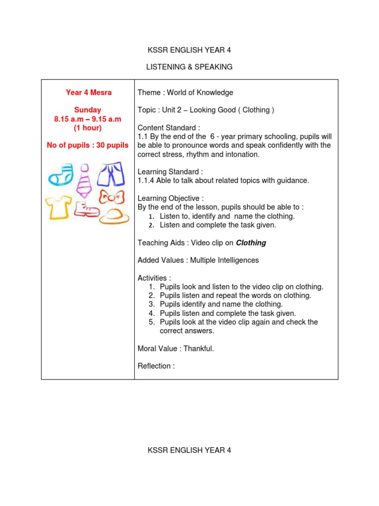 Unit 2 - LESSON PLAN YR 4 KSSR | PDF | English Language | Lesson Plan