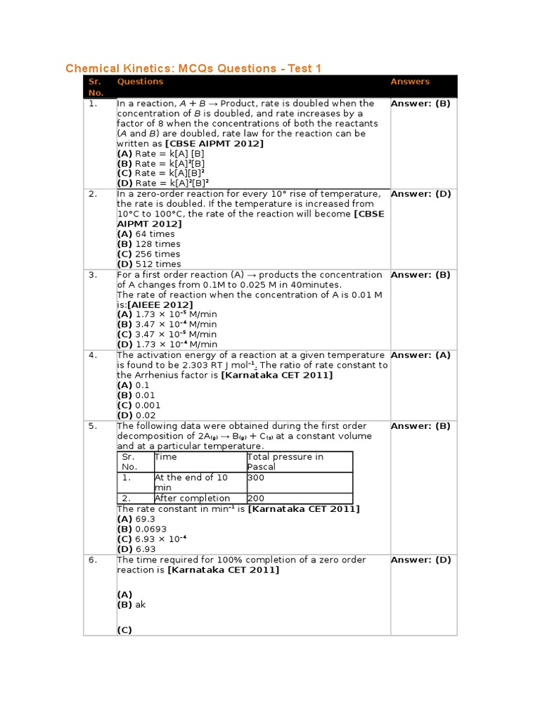 Chemical Kinetics: MCQs Questions - Test 2 | PDF | Chemical Kinetics ...