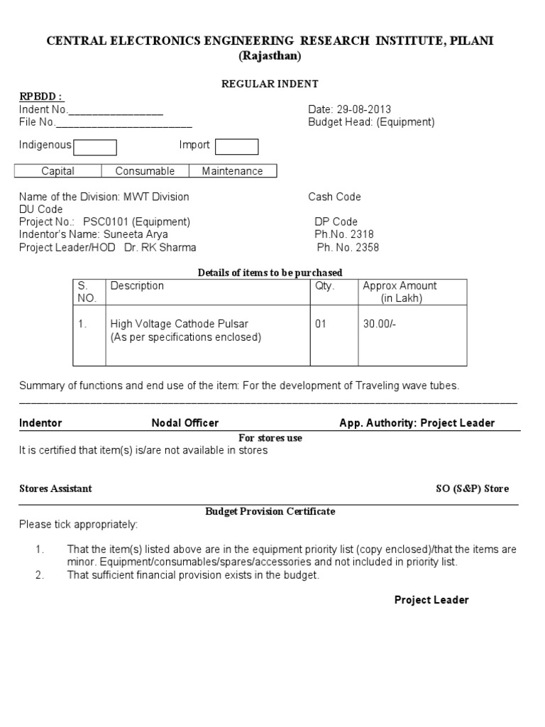 Regular Indent For Raw Material | PDF