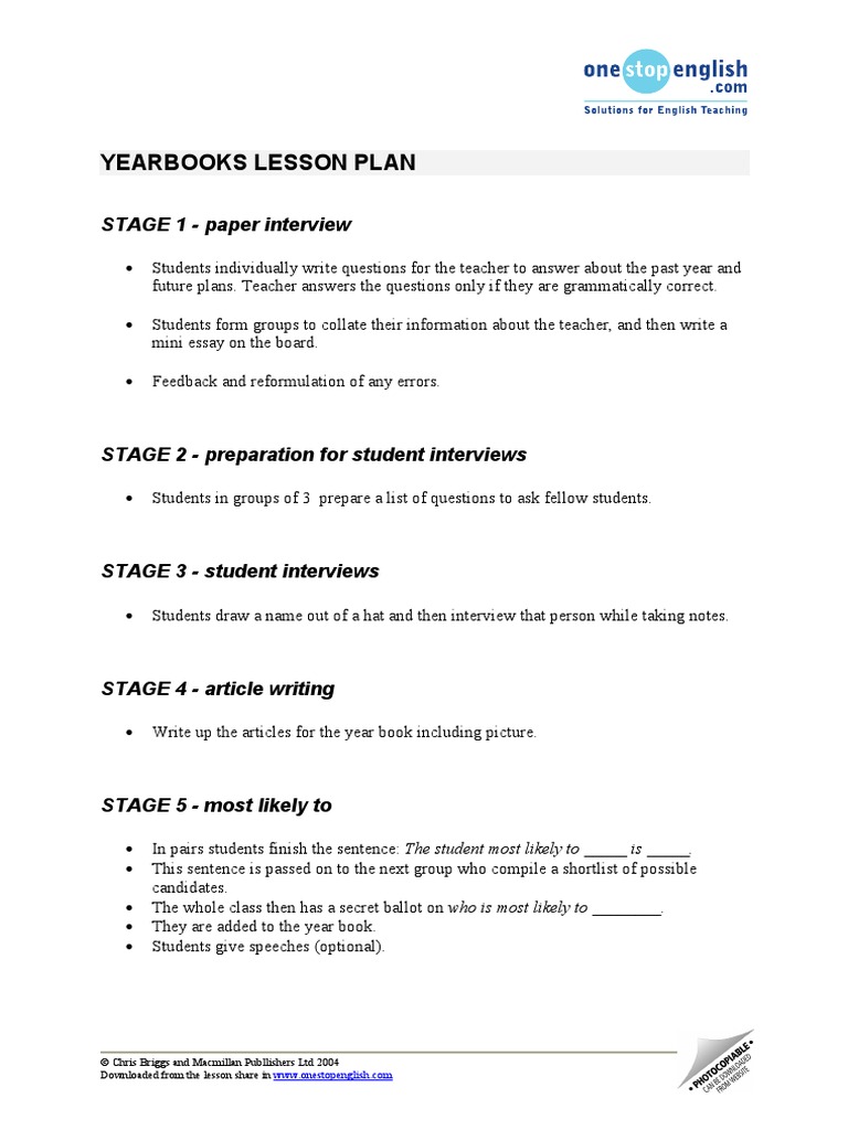 Yearbooks Lesson Plan: STAGE 1 - Paper Interview | PDF