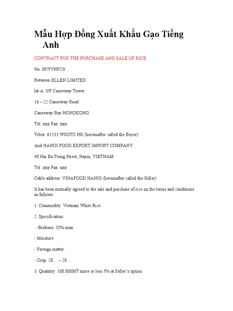 Rice Export Contract Template 2024 | PDF | Cargo | Invoice