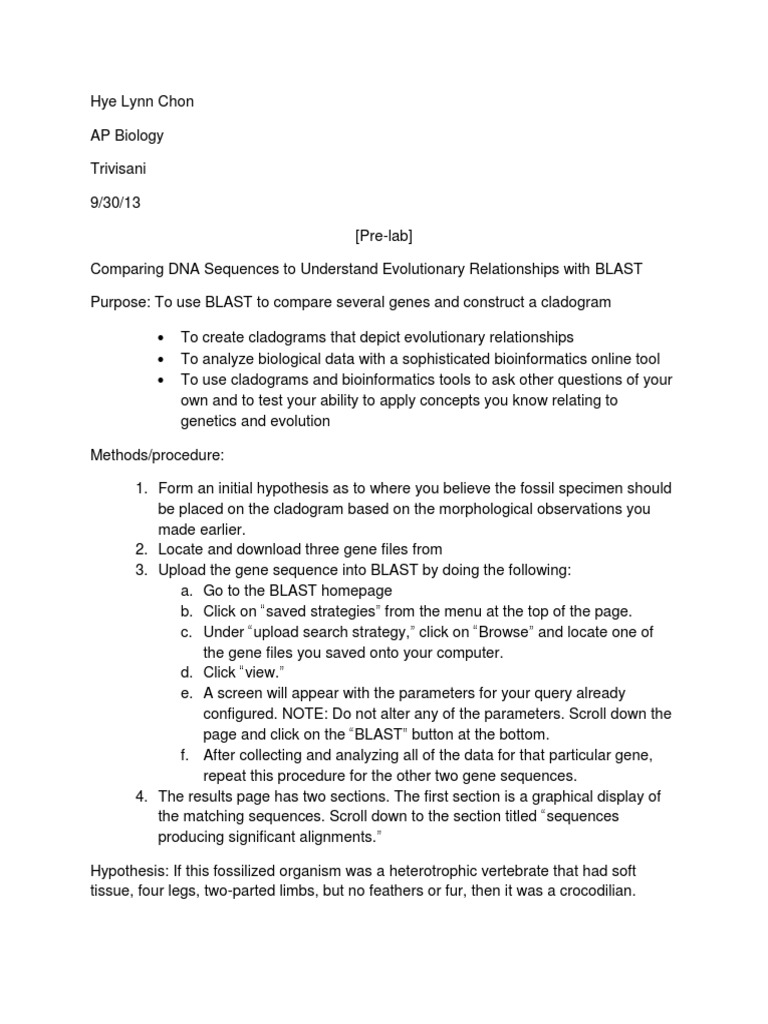 Apbio Lab Comparing Dna Sequences | PDF | Bioinformatics | Blast