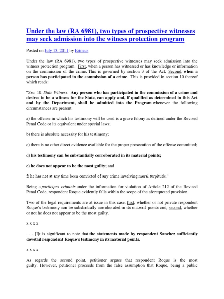 Under The Law (RA 6981), Two Types of Prospective Witnesses May Seek ...