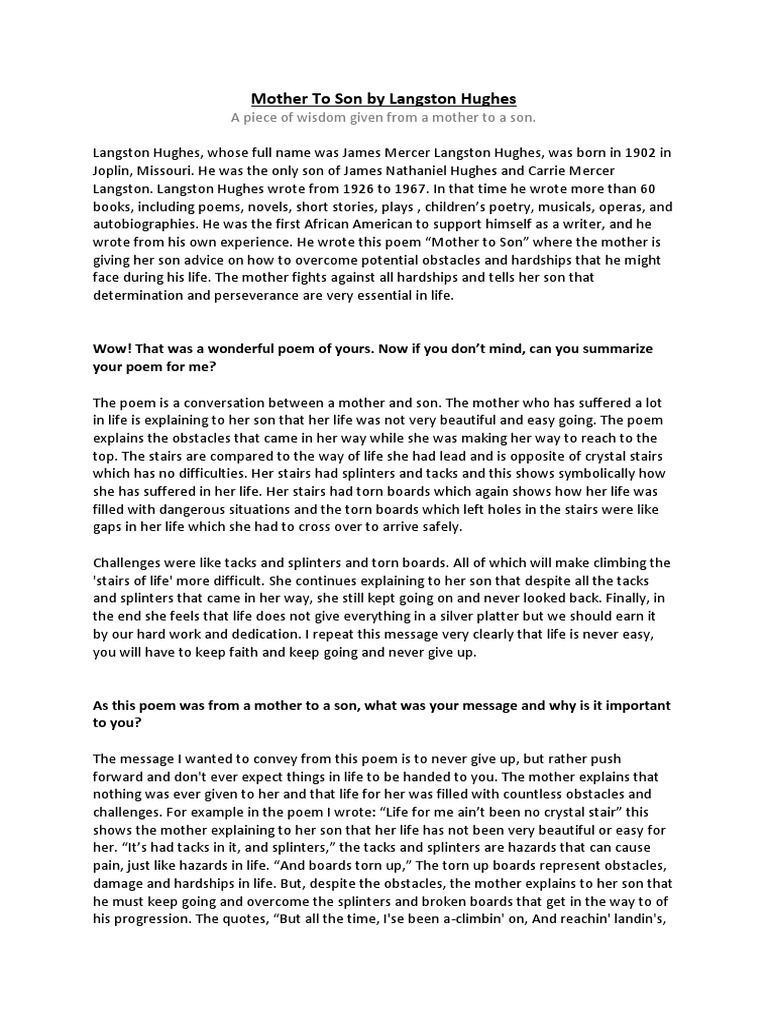 Mother to Son - Poem Analysis- Final Document - 19nethran (2) | Poetry ...