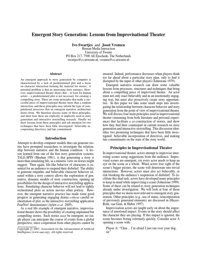 Emergent Story Generation | PDF | Storytelling | Improvisational Theatre