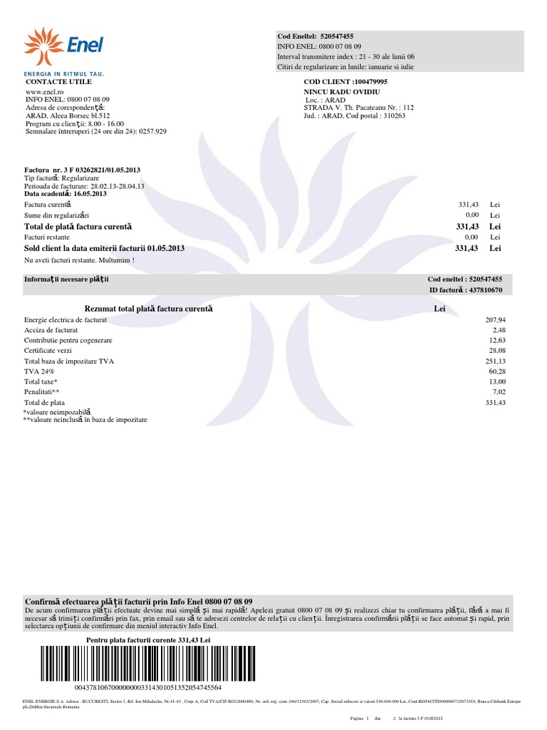 Factura ENEL NR 3F3262821 01.05.2013 PDF | PDF